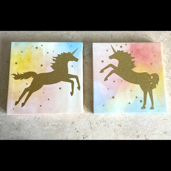 Wall Decor | Unicorn Wall Art Pastel Colors With Gold Glitter Unicorns ...
